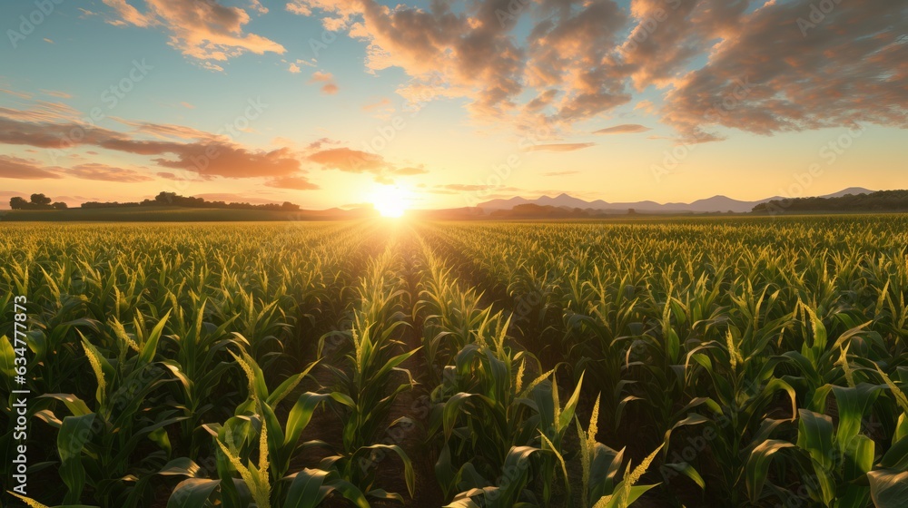 Corn field during sunset. Aerial shot of a beautiful cornfield during a ...