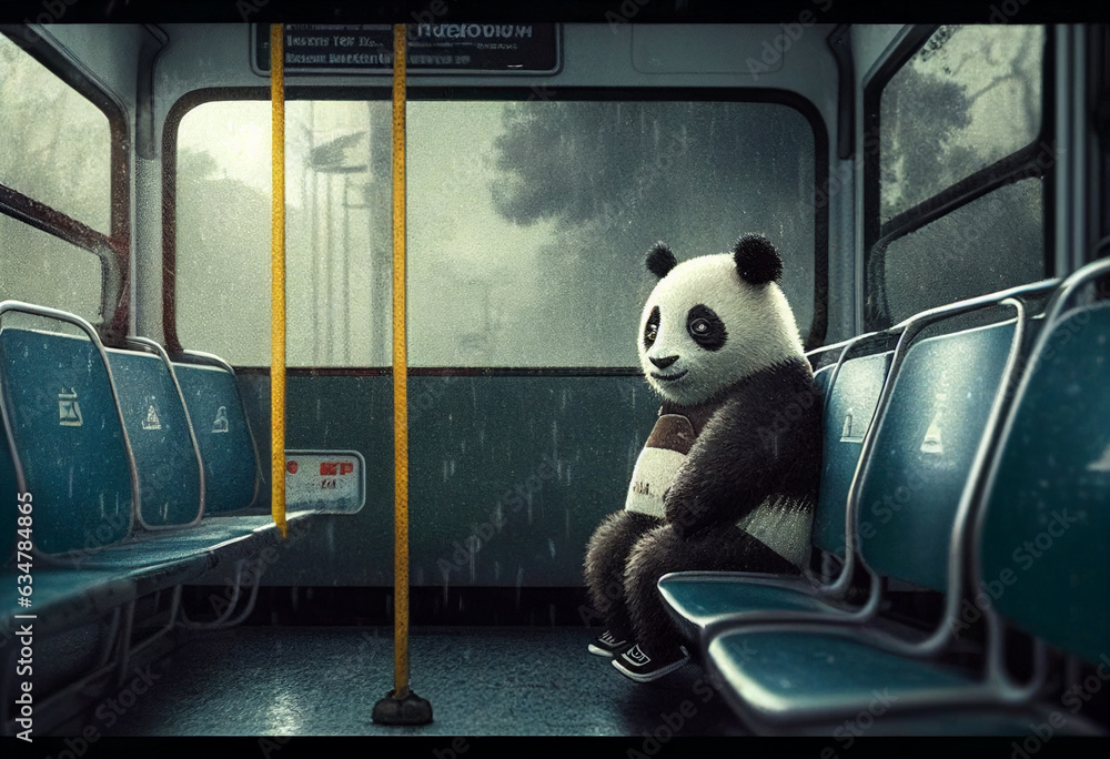 Panda rides in a trolleybus sitting in the passenger seat, animation ...