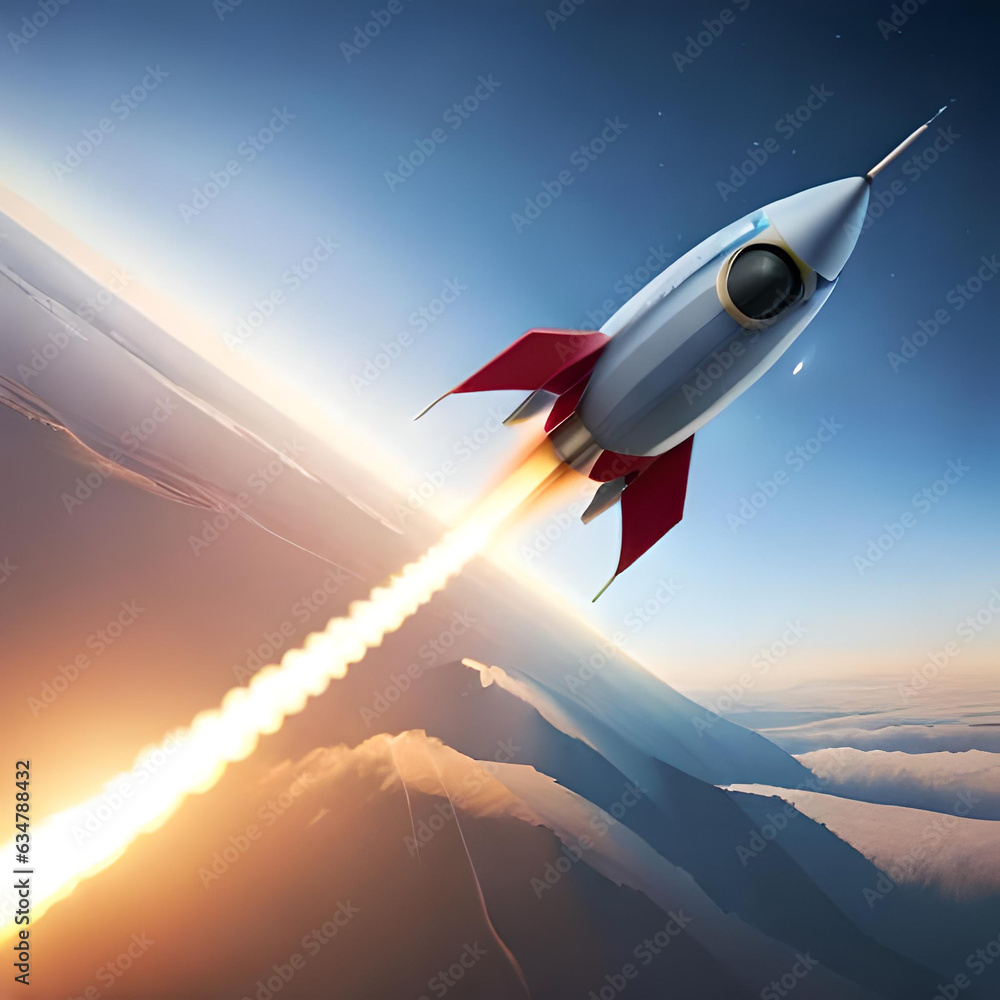Realistic rocket square composition with view of flying rocket with ...
