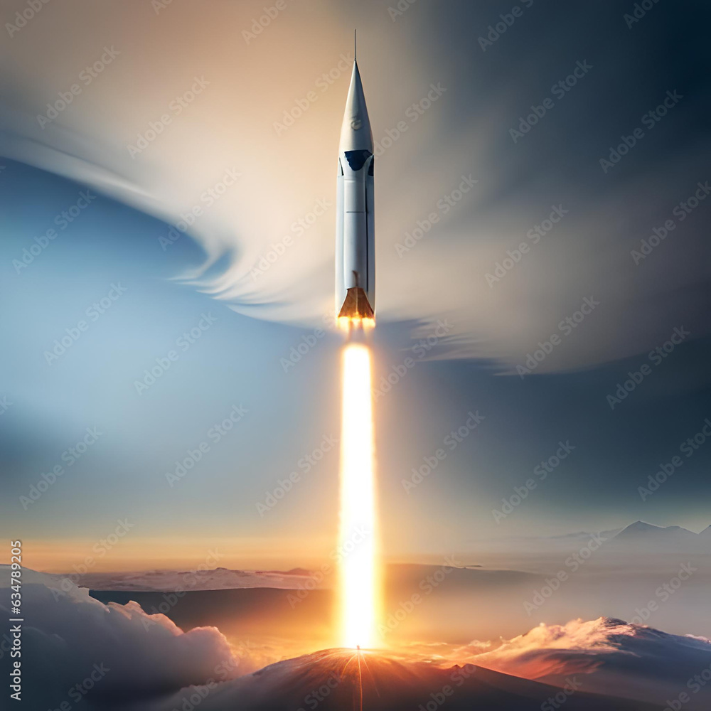 Realistic rocket square composition with view of flying rocket with ...