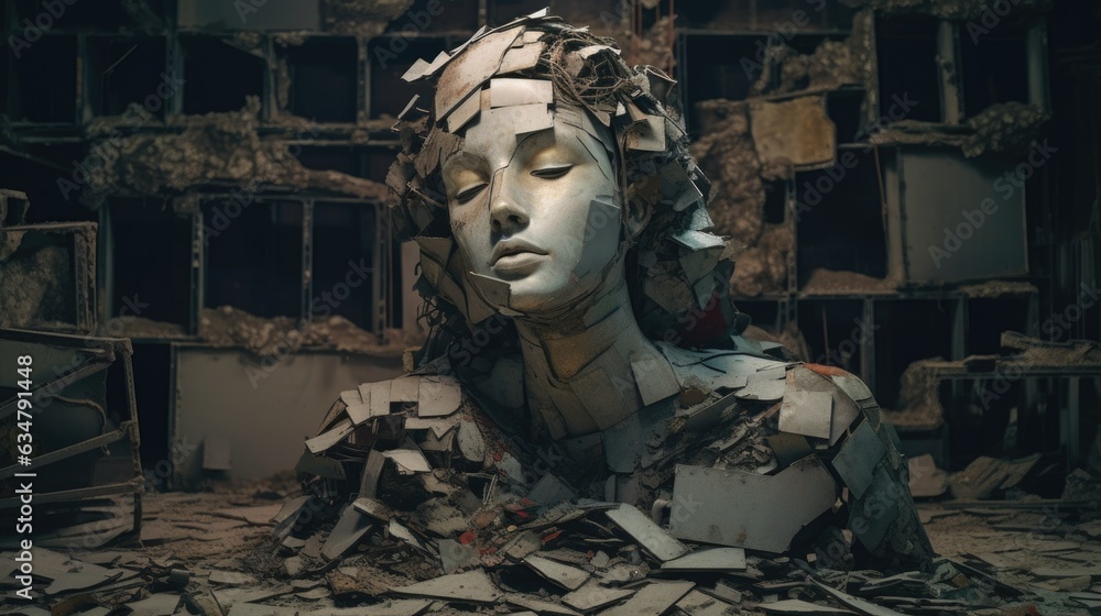 Female bust sculpture broken and cracked into shattered pieces, war ...
