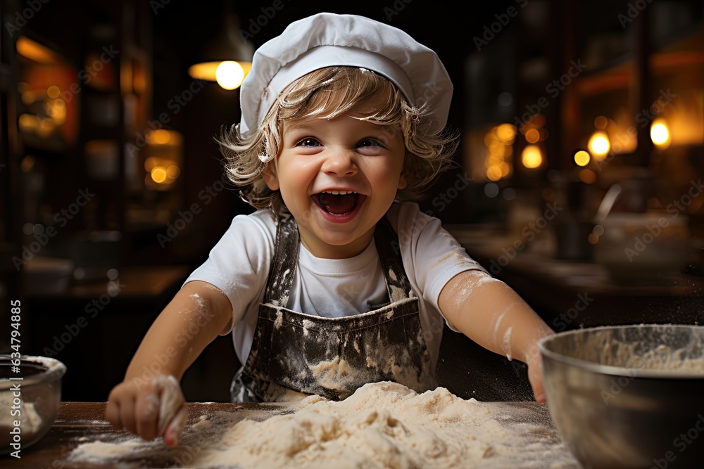 Cooking is fun for kids .Little chef playing with doughwith a happy ...