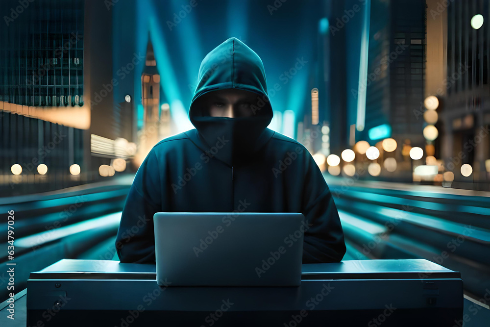 Hacker at laptop. Malware and virus danger. Man in hoodie and dark mask ...