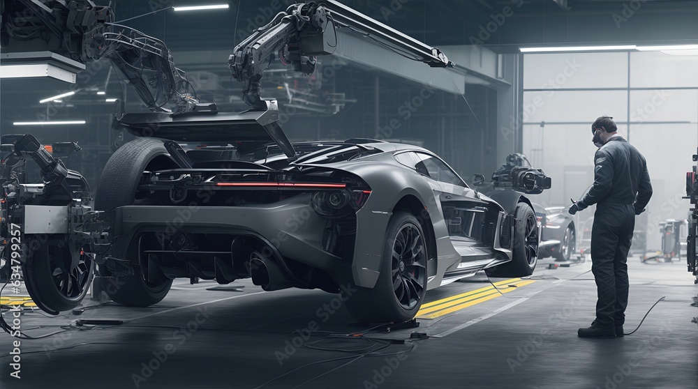 Rear view of technician assembling black sport car using high tech ...