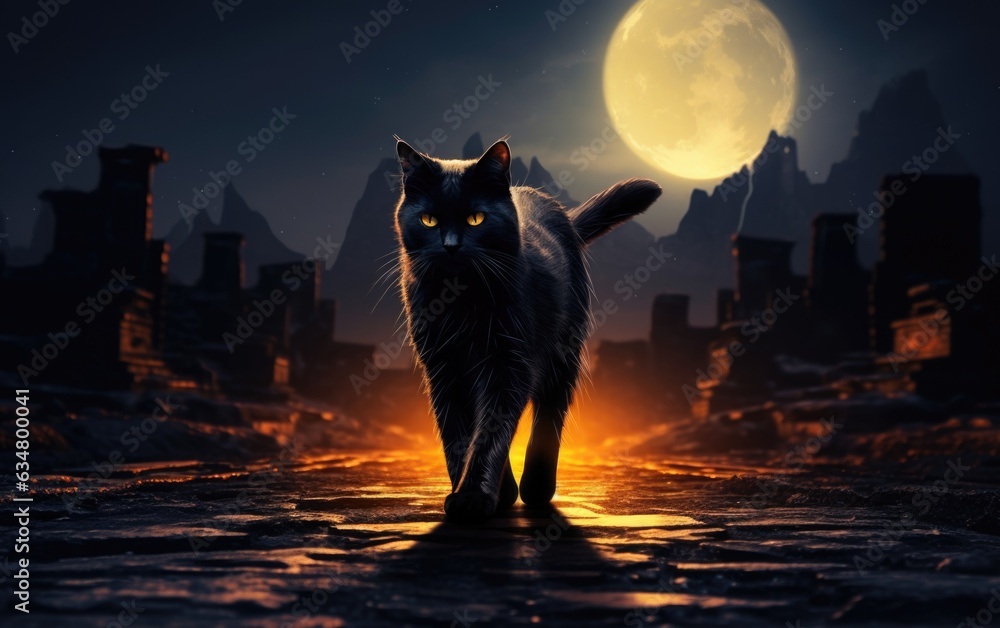Superstitious scene with a black cat walking at night with a full moon ...