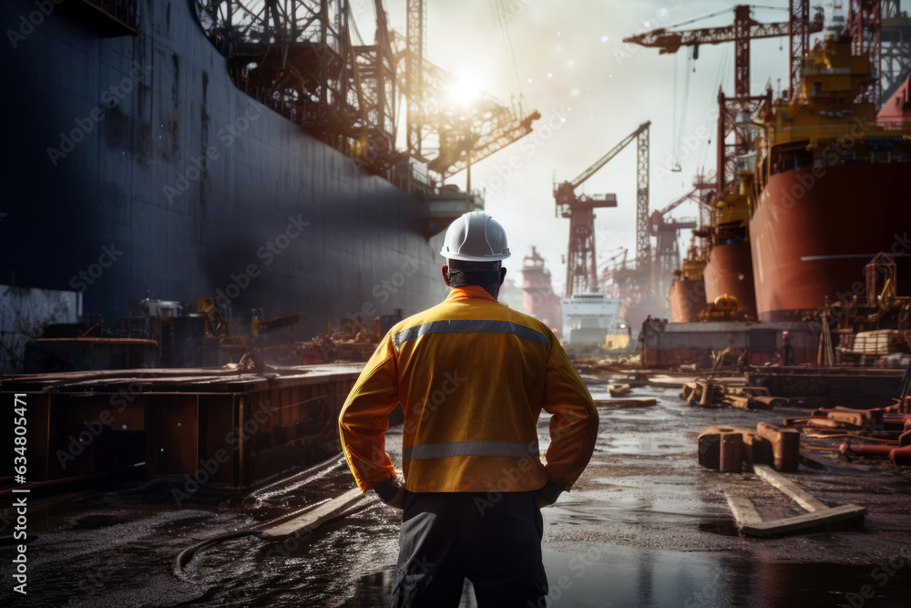 Worker In The Background Shipyard. Working Conditions In Shipyard ...