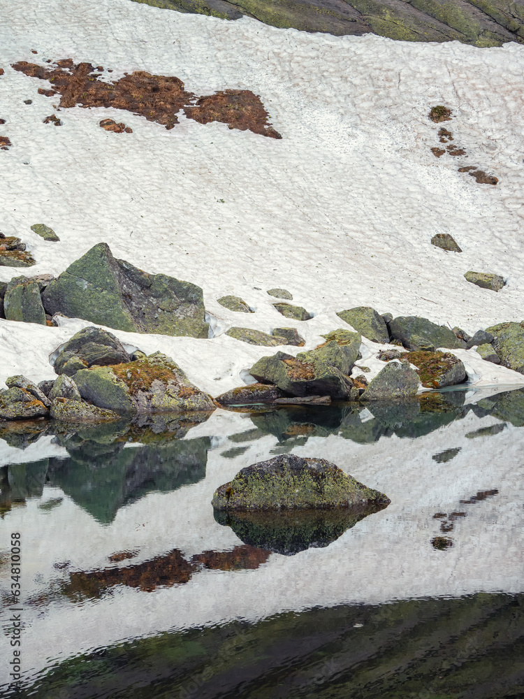 Rock In Clear Mountain Lake Snowy Mountain Reflected In Azure Clear