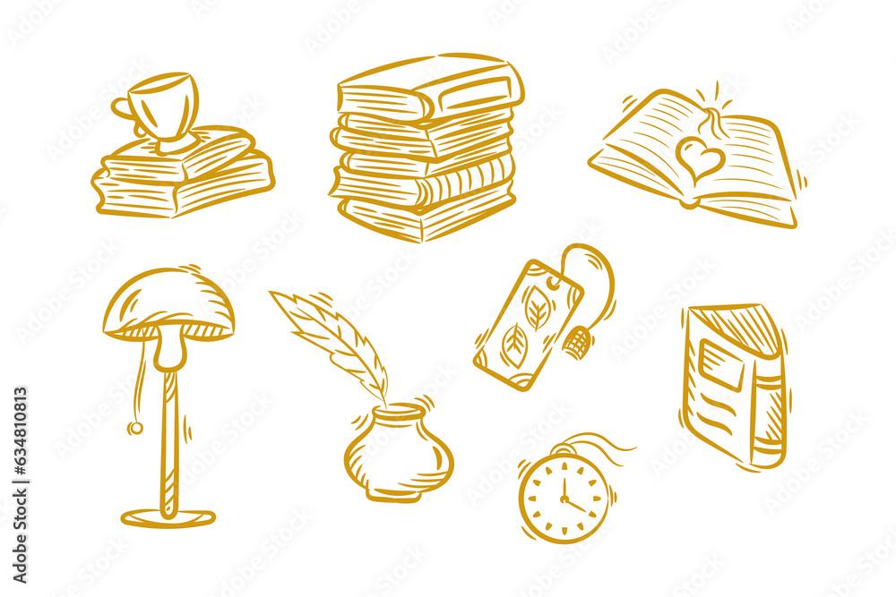 Books clipart hand drawn doodle. Line sketch of Reading items ...