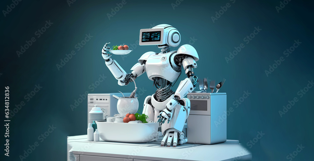 Robot cook. The robot cooks food in the kitchen. Generated AIRobot cook ...