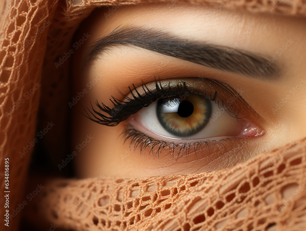 In a close-up portrait, the compassion in the eyes of an Arab woman ...