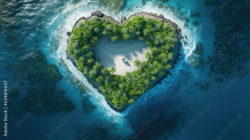an Aerial top view of a heart-shaped Island, in an Azure sea surrounded ...