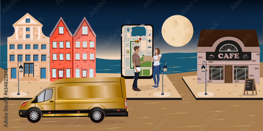 courier delivers a parcel in the yellow truck,the courier carries the ...