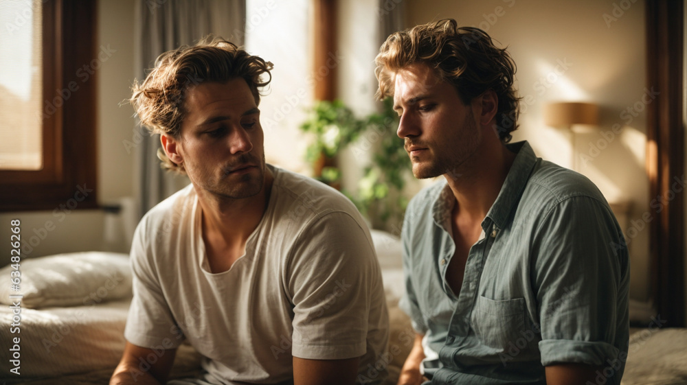 two lonely men feeling depressed and stressed sitting on the bedroom ...