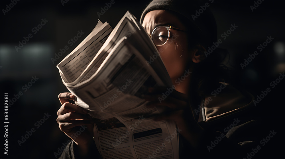 Newspaper in hand, crumpled paper in fist, reading newspaper, throwing ...