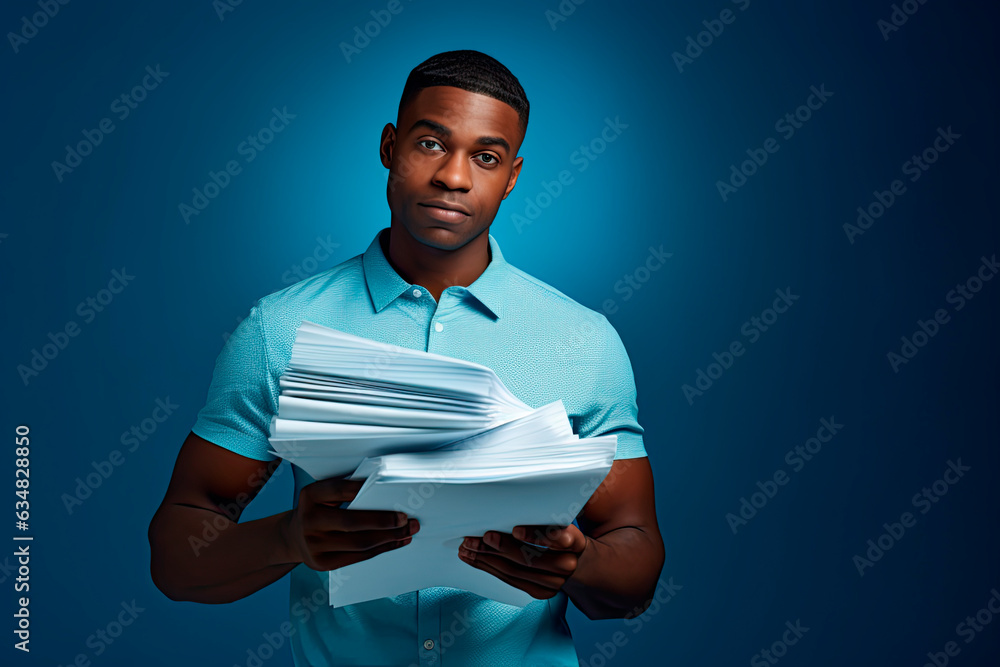 Dark-skinned man holding documents on a blue background Stock Photo ...