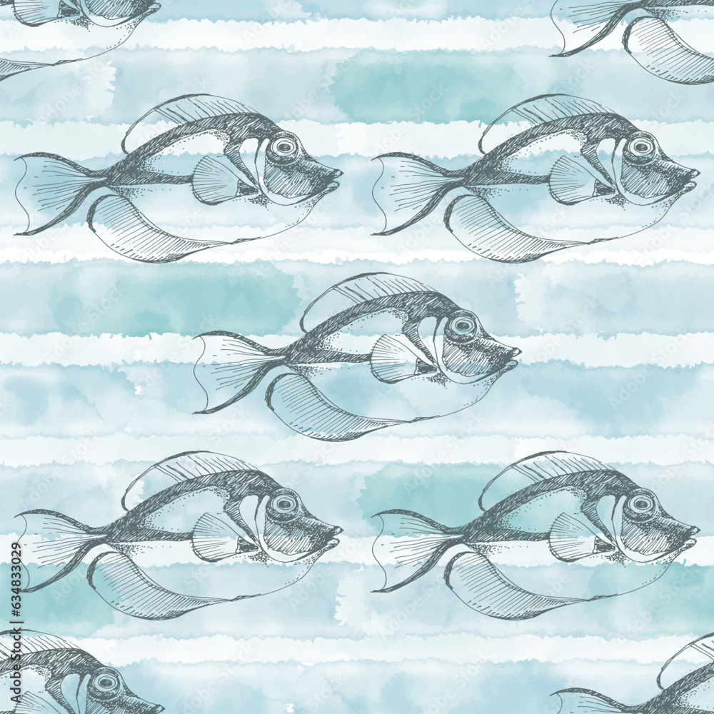 Sea. Abstract seamless pattern on the marine theme with fishes on blue ...