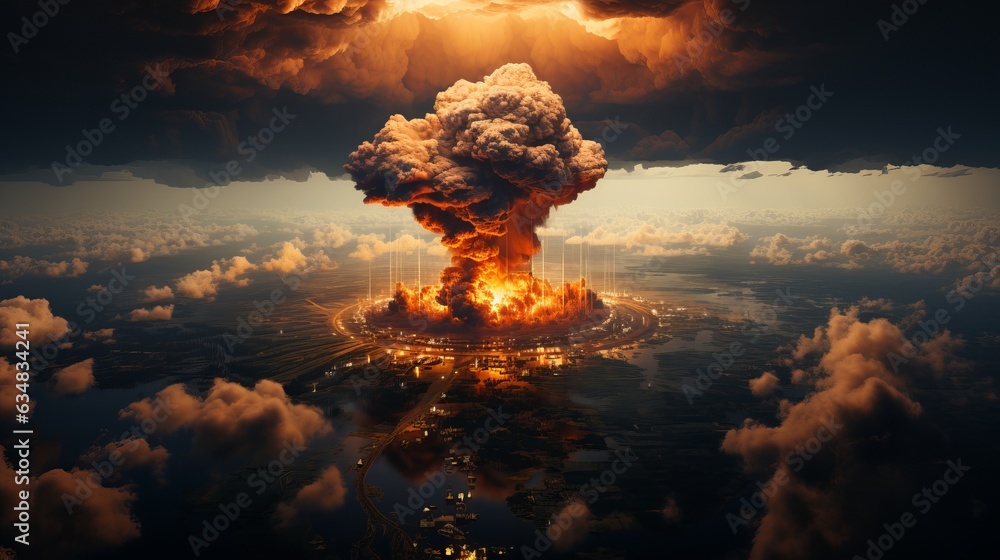 Nuclear explosion day or night. Stormy sky, shock wave against the ...