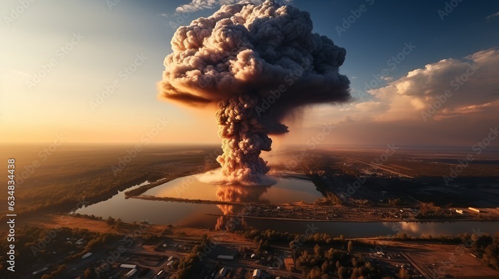 Nuclear explosion day or night. Stormy sky, shock wave against the ...