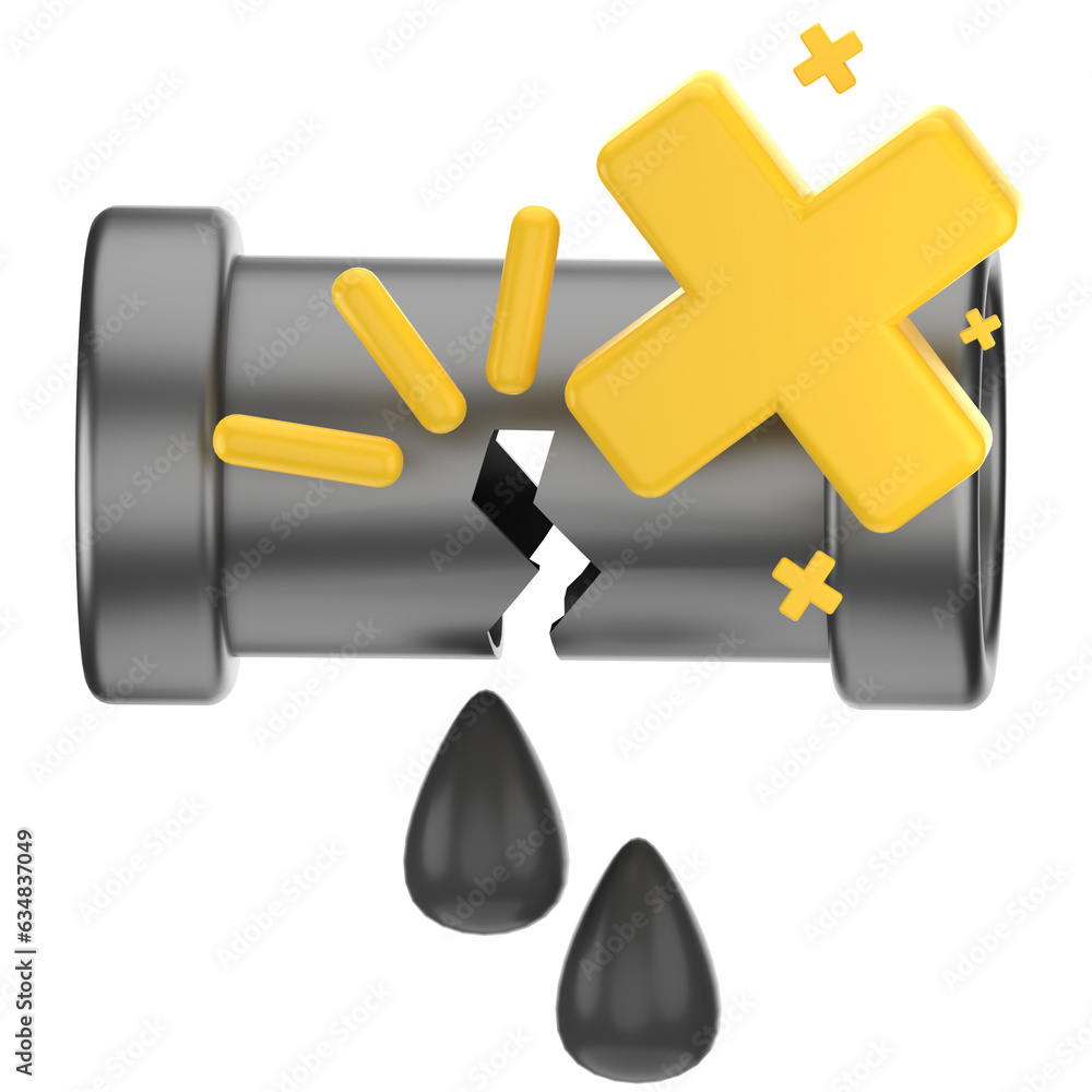3d icon craked oil pipeline with cross mark, x mark, yellow cross mark ...