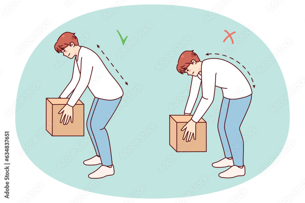 Correct technique of lifting heavy packages. Man lift box wrong and ...