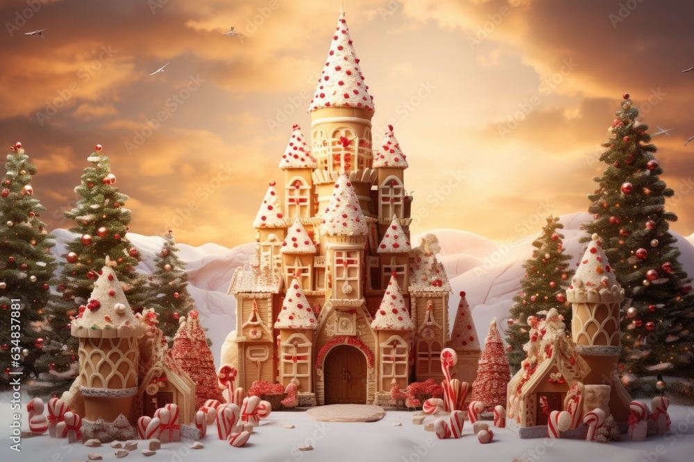 Christmas background with gingerbread houses and christmas trees. 3d ...