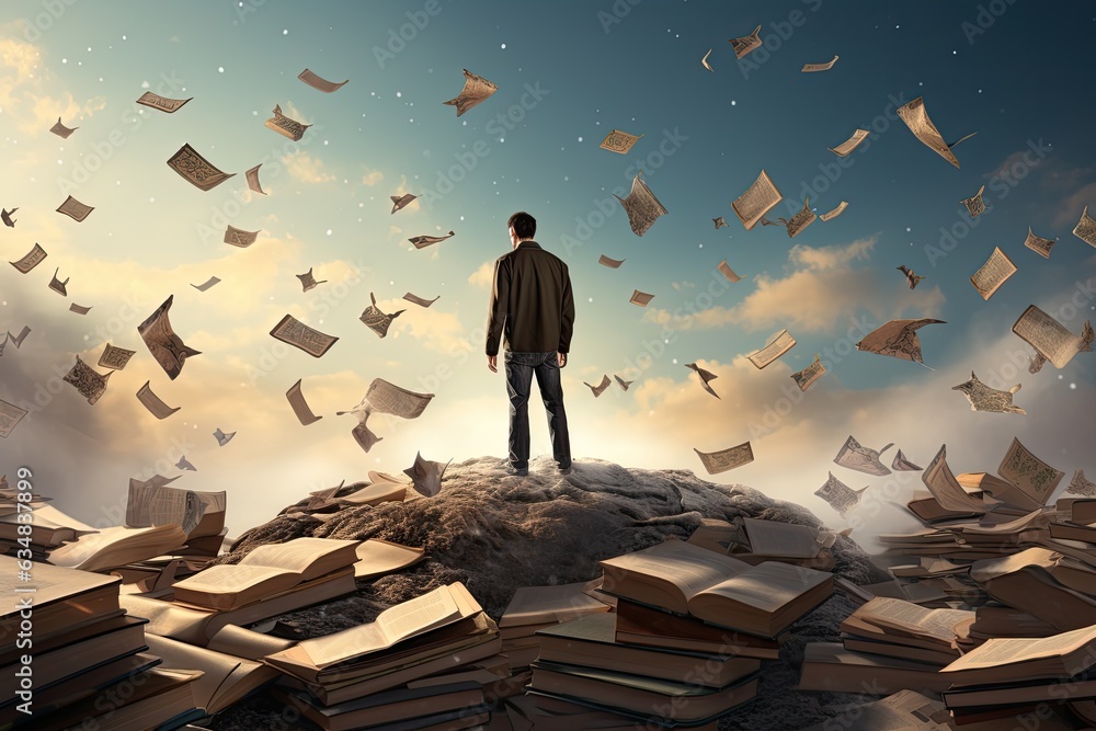 Back view of businessman standing on pile of books and looking at sky ...