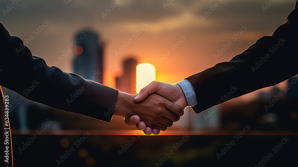 Firm handshake, made friendship, greeting, trust between two people ...