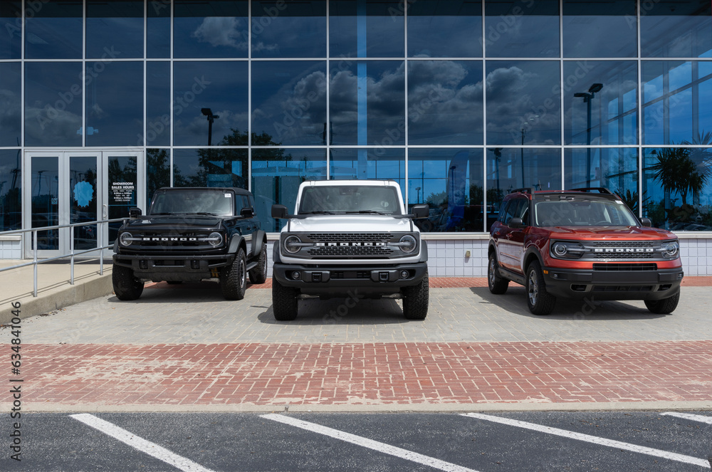 Ford Bronco display at a dealership. Ford offers the Bronco in Heritage ...