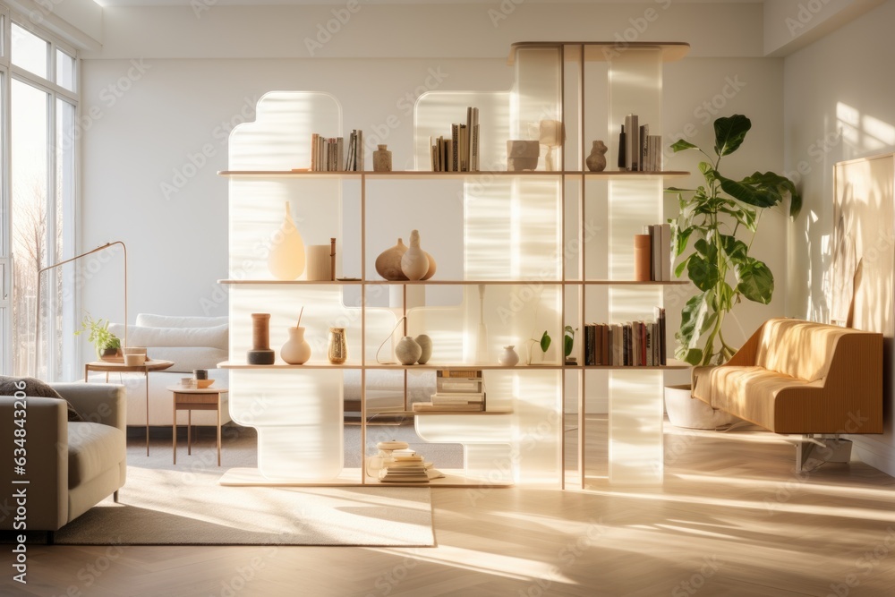 A minimalist-inspired room divider combines translucent acrylic panels ...