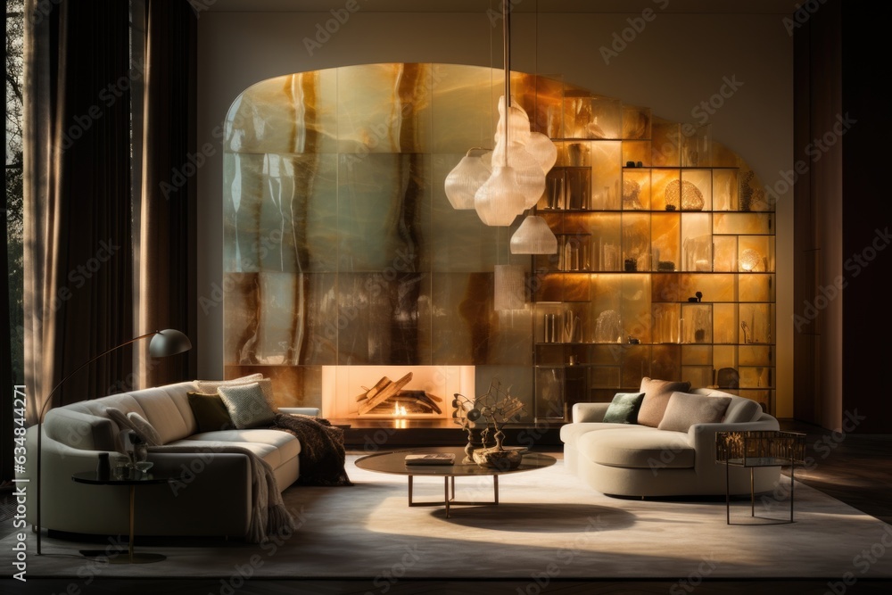 Illuminated by soft backlighting, a backlit onyx partition wall exudes ...