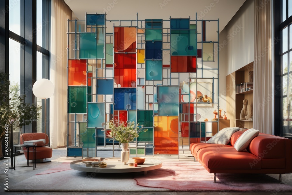 A mosaic-inspired room divider features a symphony of colors and ...