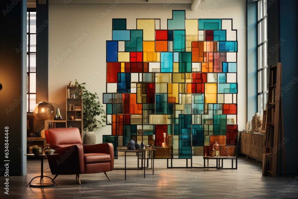 A mosaic-inspired room divider features a symphony of colors and ...