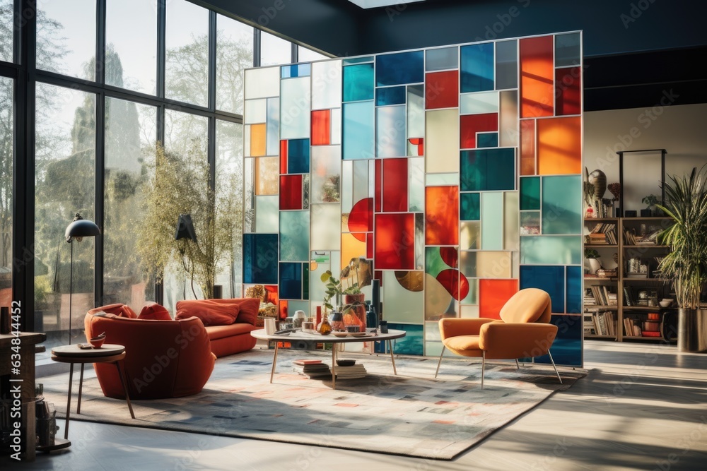 A mosaic-inspired room divider features a symphony of colors and ...