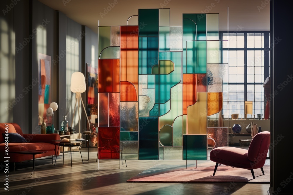 A mosaic-inspired room divider features a symphony of colors and ...