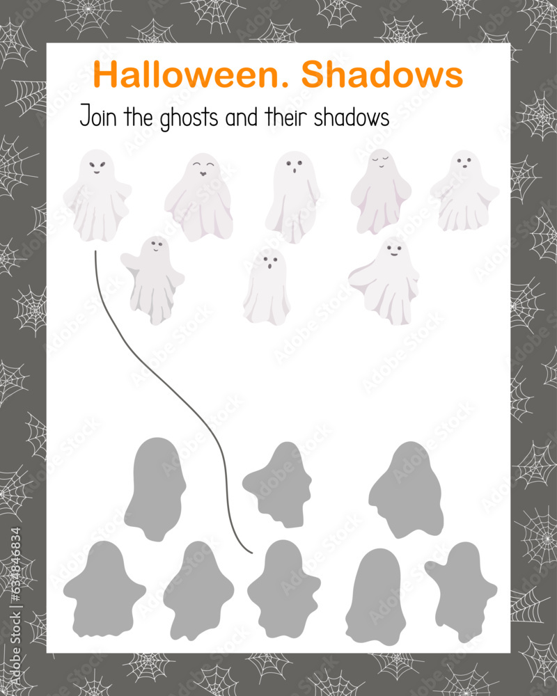 Vetor de Cute ghosts, shadow matching game, Halloween holiday kids ...