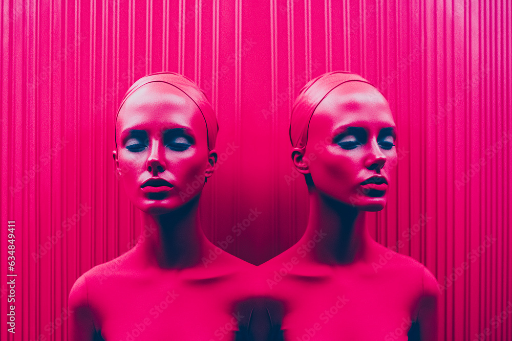 Illustration de deux têtes de femme rose sur fond rose - Concept de la ...