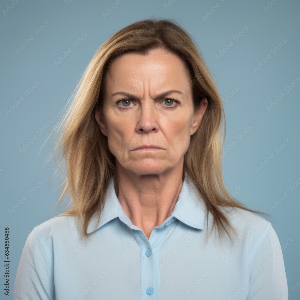 Portrait of an angry middle-aged woman with wavy blonde hair. Closeup ...