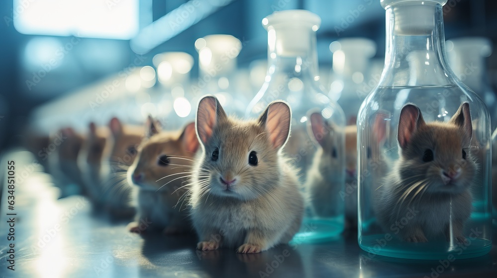 Laboratory rabbit. Potions and flasks for studying the effect of ...