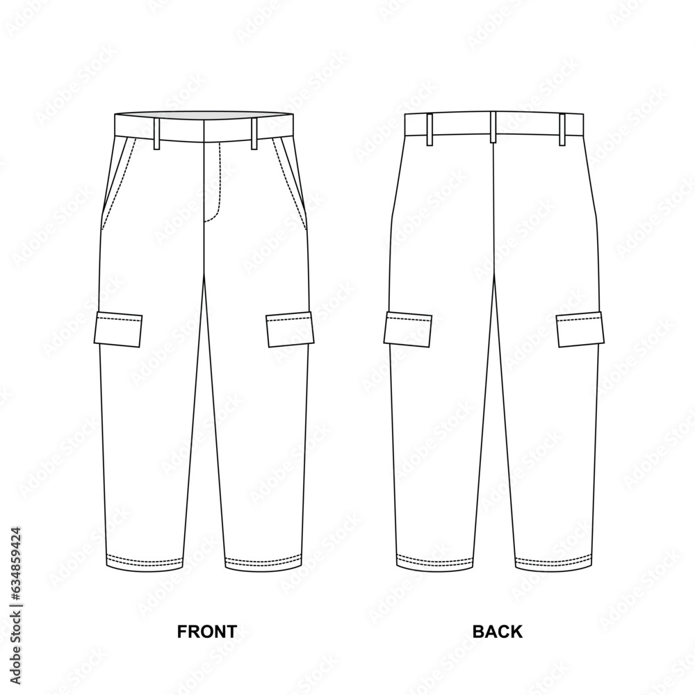 Vector drawing of cargo pants, front and back view. Outline drawing of ...