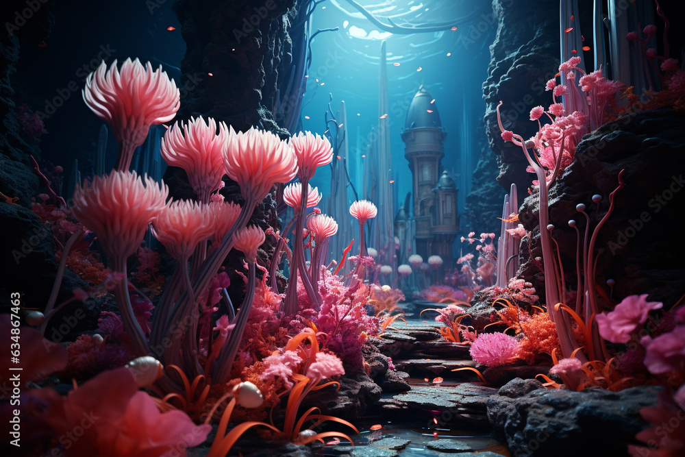 Underwater world with corals turtle fishes ocean inside. coral reef ...