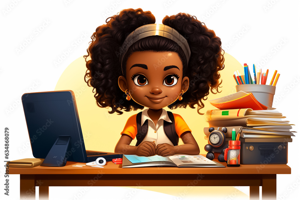 Cartoon illustration of a little African girl in school uniform sitting ...