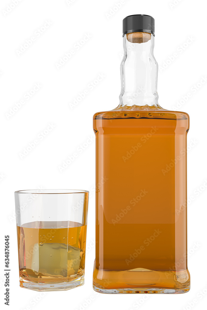 Bottle of alcohol drink with glass full of alcohol drink, 3D rendering ...
