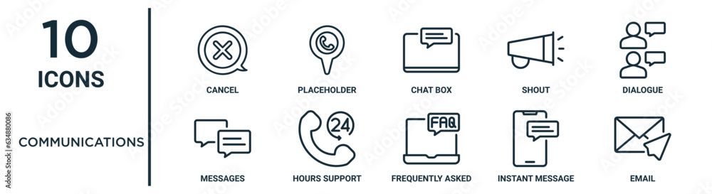 communications outline icon set such as thin line cancel, chat box ...