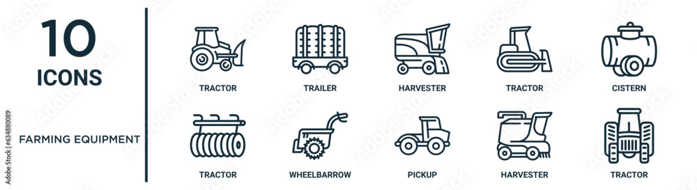 farming equipment outline icon set such as thin line tractor, harvester ...