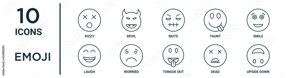 emoji outline icon set such as thin line dizzy, mute, smile, worried ...