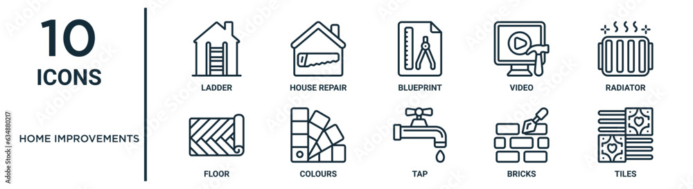 home improvements outline icon set such as thin line ladder, blueprint ...