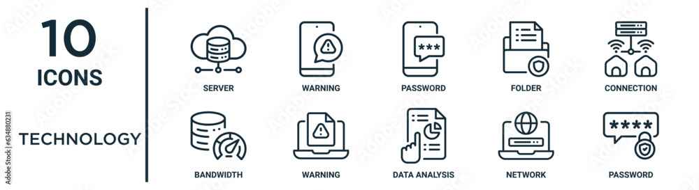 technology outline icon set such as thin line server, password ...