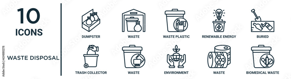 waste disposal outline icon set such as thin line dumpster, waste ...