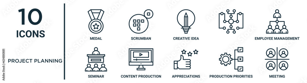 project planning outline icon set such as thin line medal, creative ...