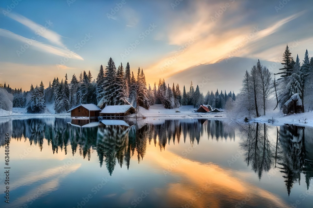 beautiful winter house with the lake and forest and trees and the roof ...